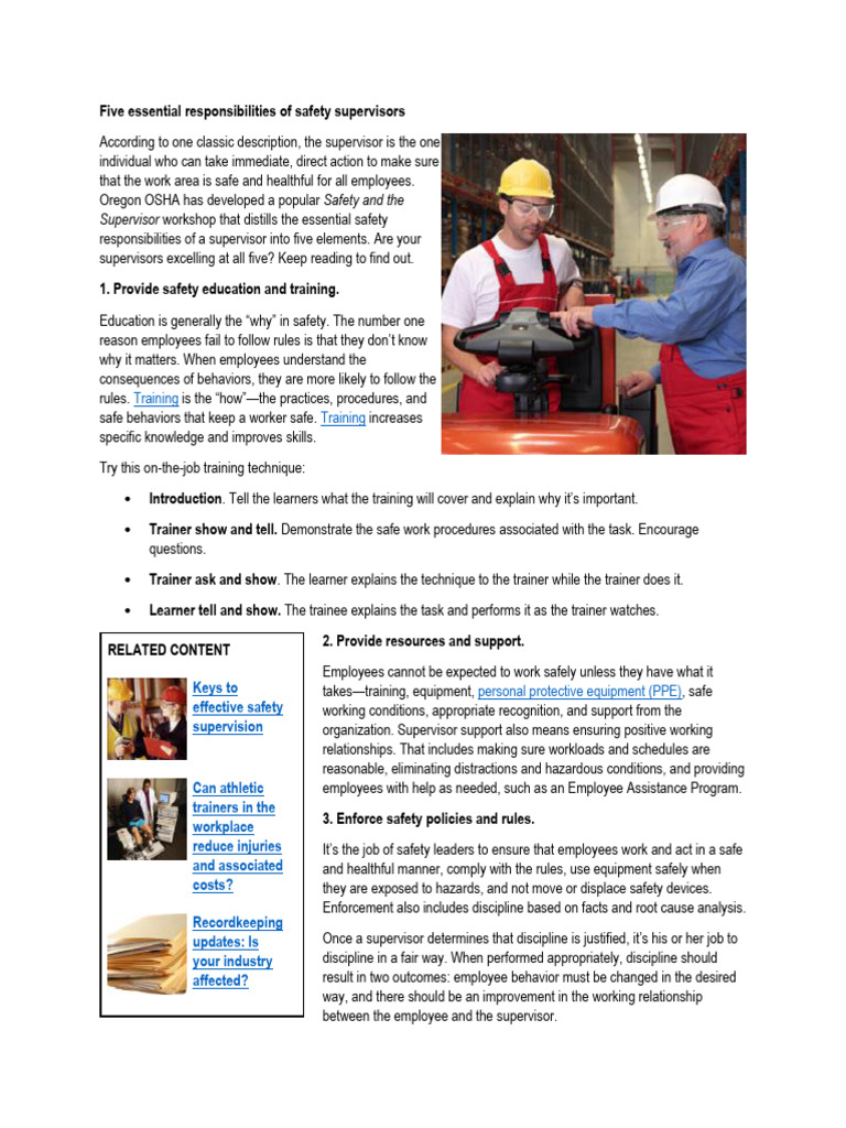 Five Essential Responsibilities of Safety Supervisors | PDF ...