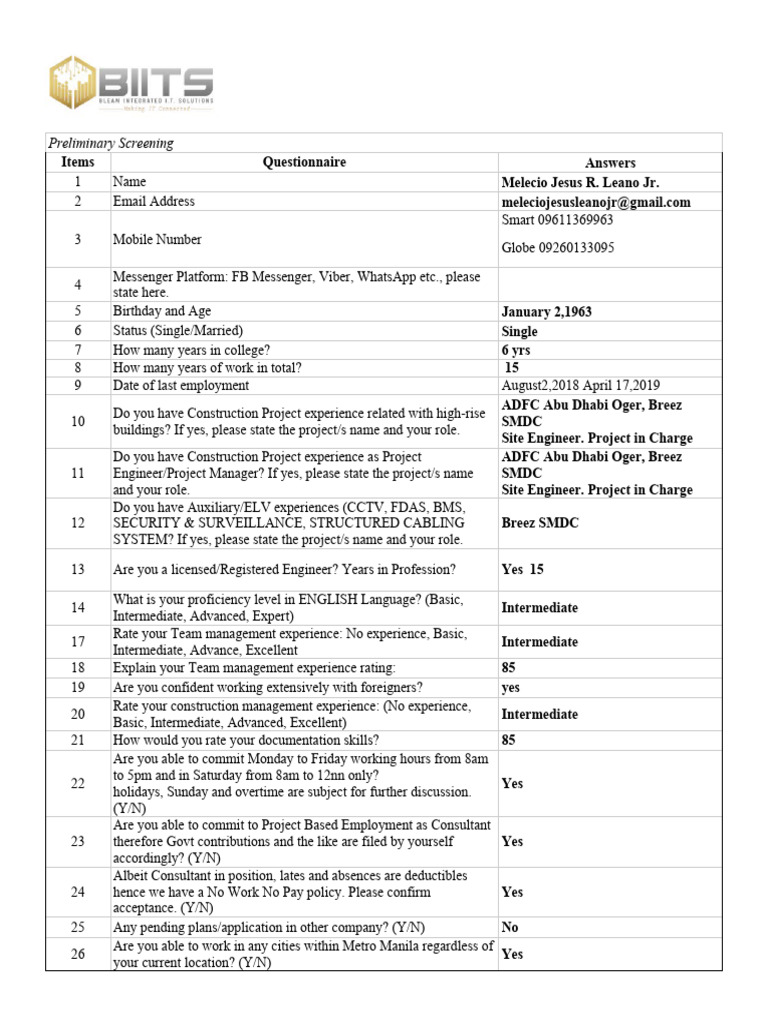 Construction Project Engineer Profile | PDF