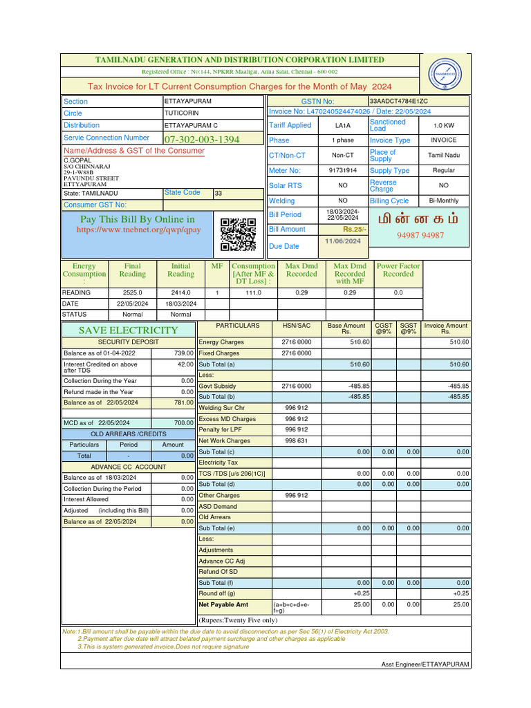Bill Details Specimen | PDF | Economies | Electric Power