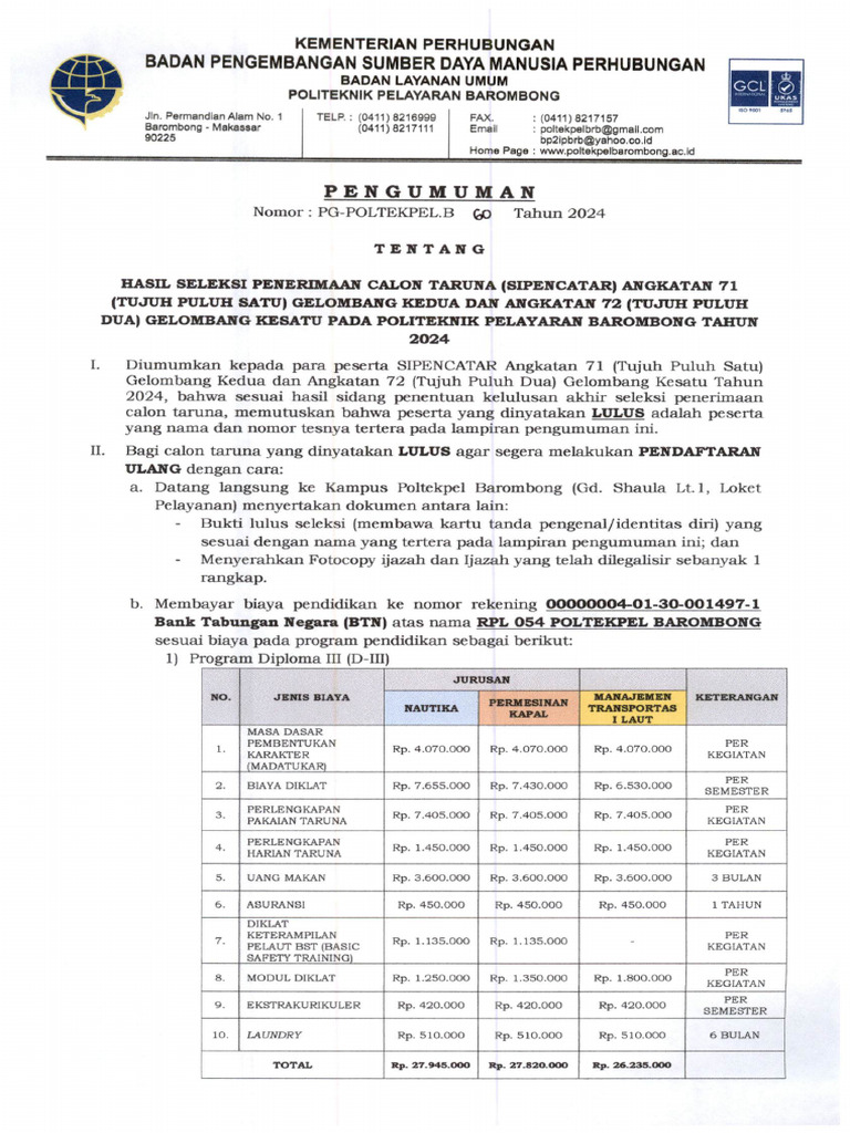 Pengumuman Sipencatar Angkatan 71 Gel. 2 Dan Angkatan 72 Gel.1 | PDF