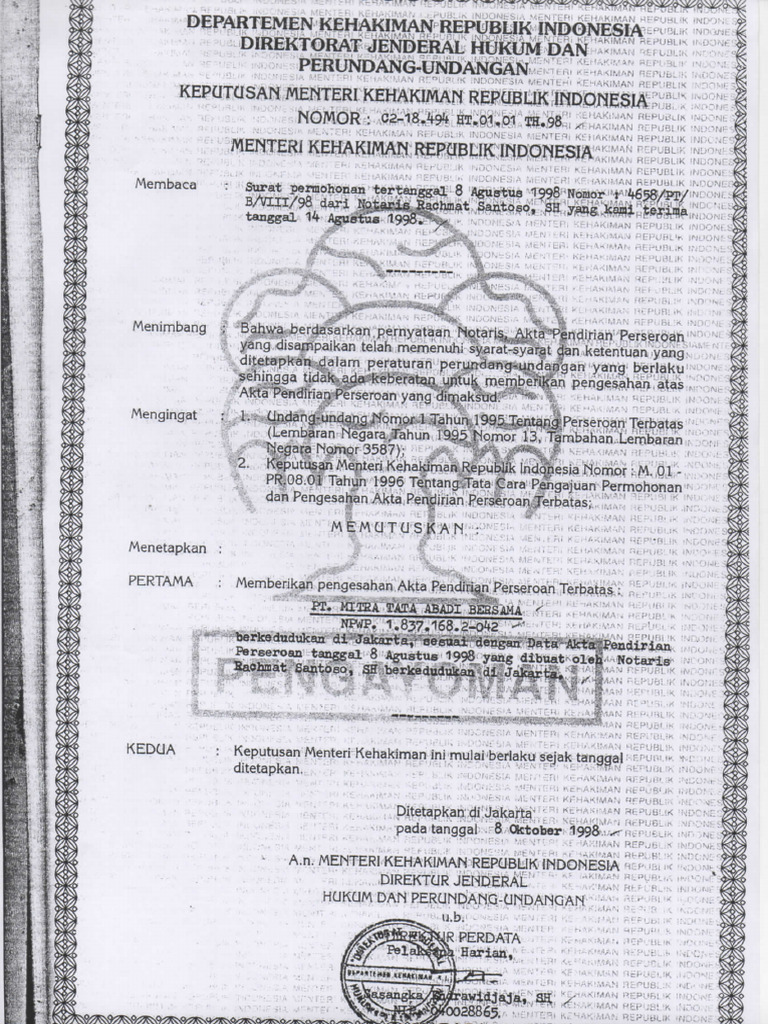 SK Menkeh No. 8 & Data Akta (04.05.1998) Pendirian | PDF