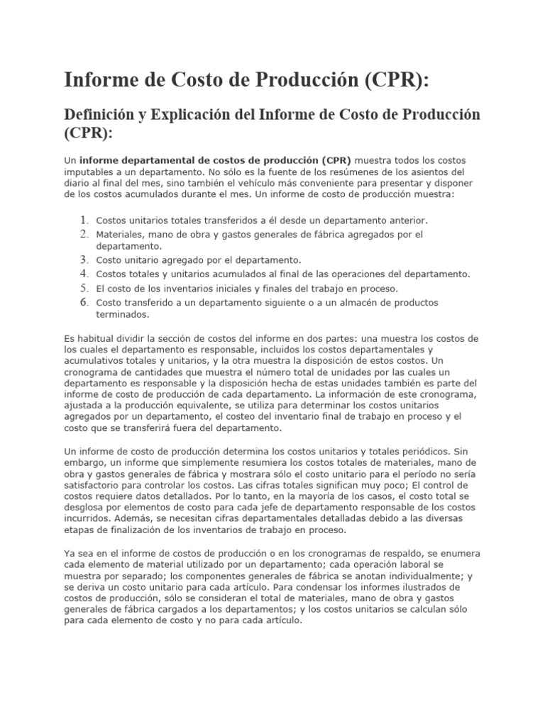 Informe de Costo de Producción | PDF | Economias | Producción y fabricación