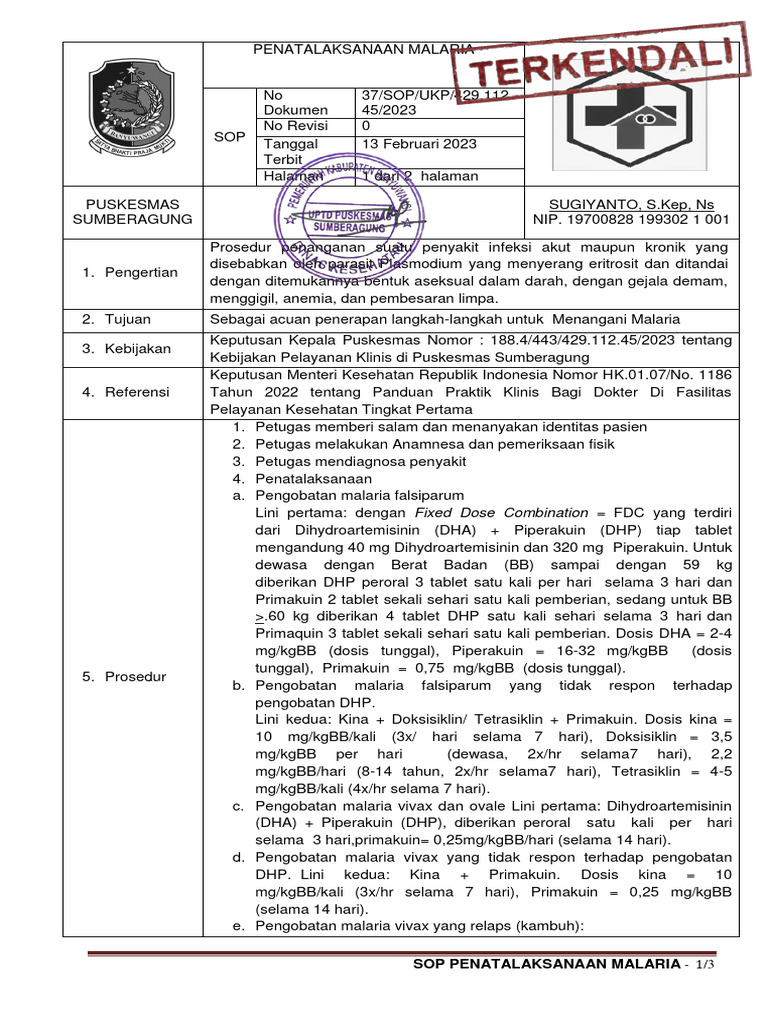 SOP Penatalaksanaan Malaria Puskesmas | PDF | Pengembangan Diri | Kesehatan Holistik