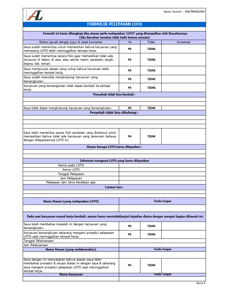 ALJS-PM-SOP-002, Lock Out & Tag Out (LOTO) & Form Pelepasan LOTO | PDF