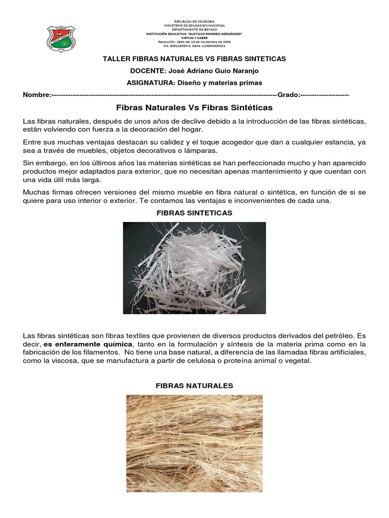 Taller Fibras Naturales VS Fibras Sinteticas | PDF | Fibras | Fibra sintética