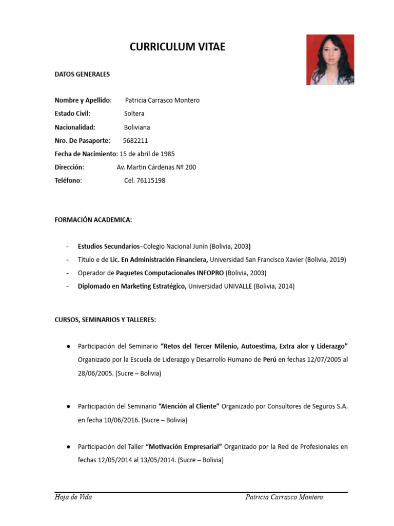 Currículum Vitae de Patricia Carrasco | PDF | Bolivia | Seguro