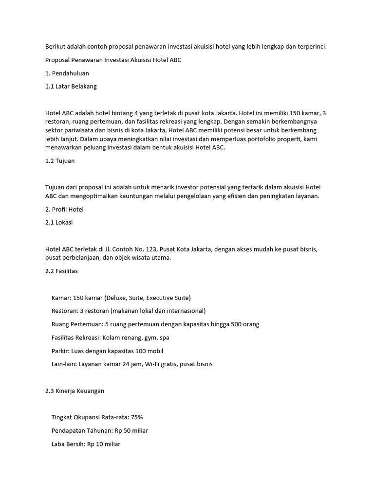 Berikut Adalah Contoh Proposal Penawaran Investasi Akuisisi Hotel Yang ...