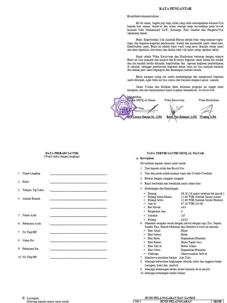 Buku Cek Amaliah Harian Dan Kepribadian Santri 2023-2024 | PDF