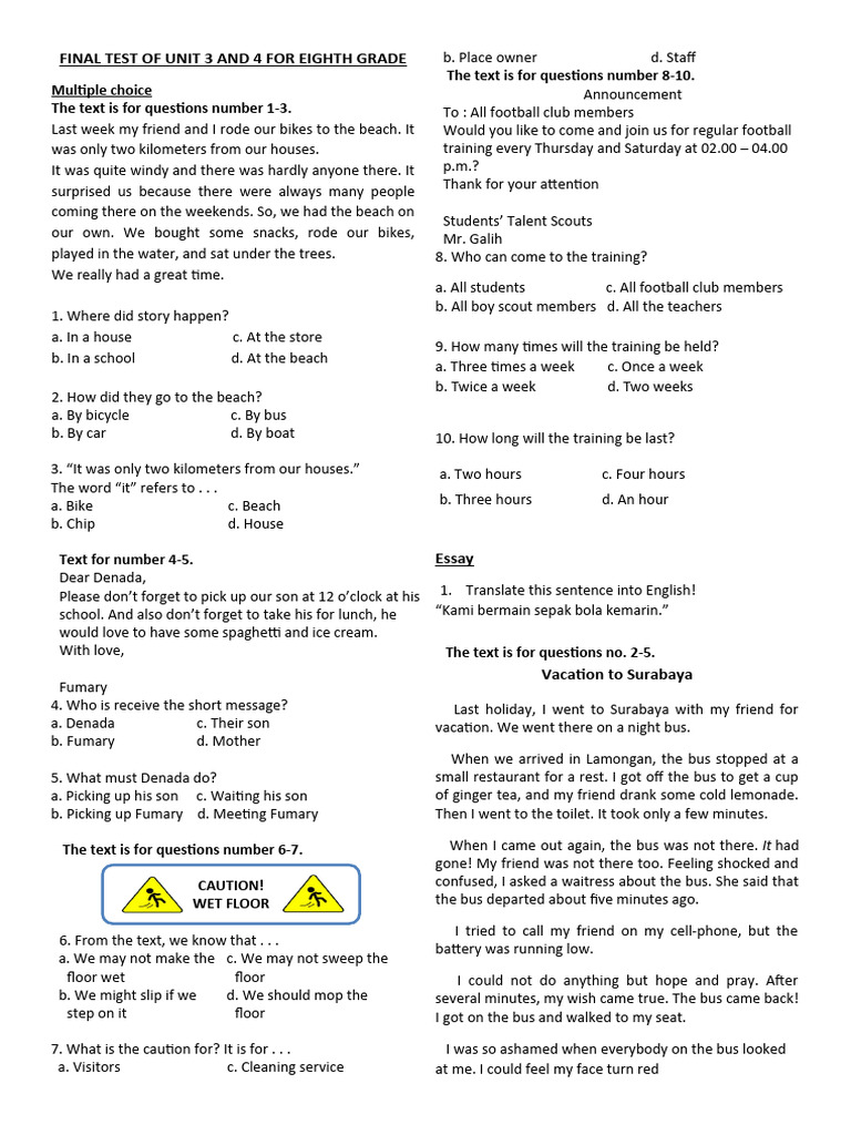 Final Test of Unit 3 and 4 For Eighth Grade | PDF