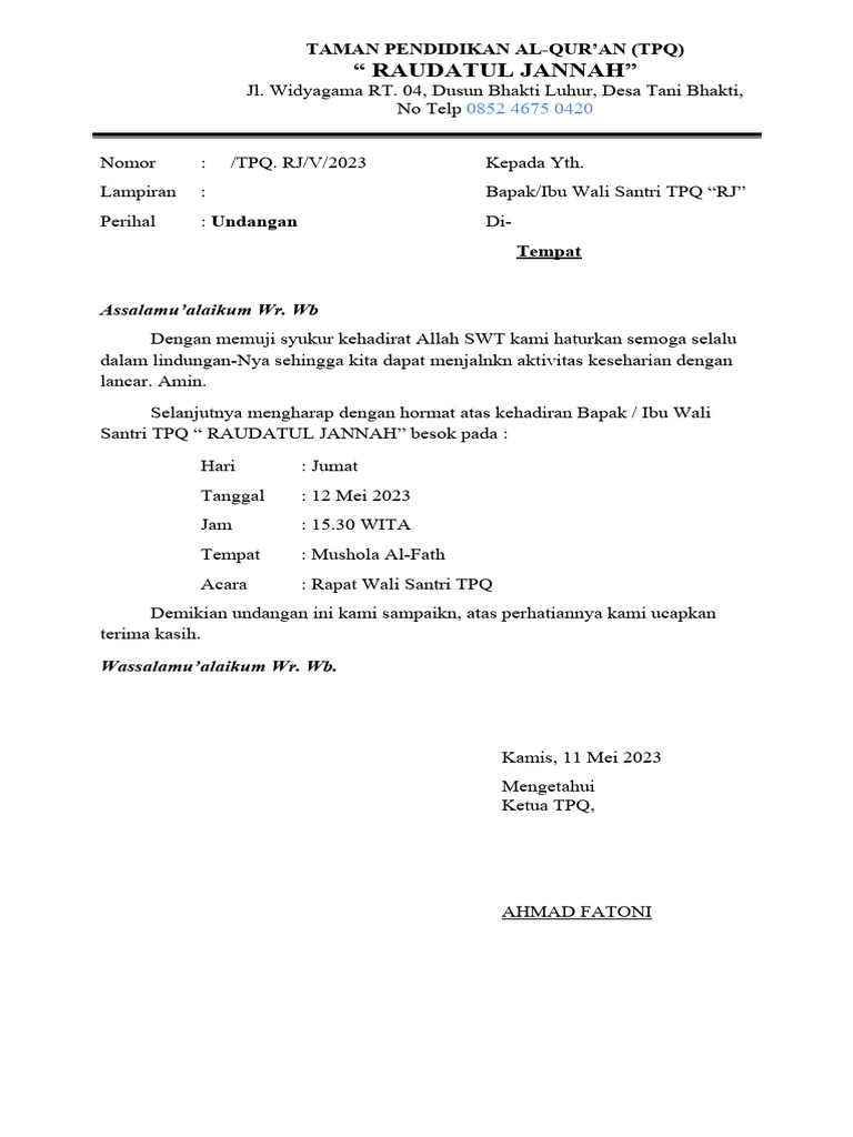 Undangan Rapat Wali Santri TPQ | PDF