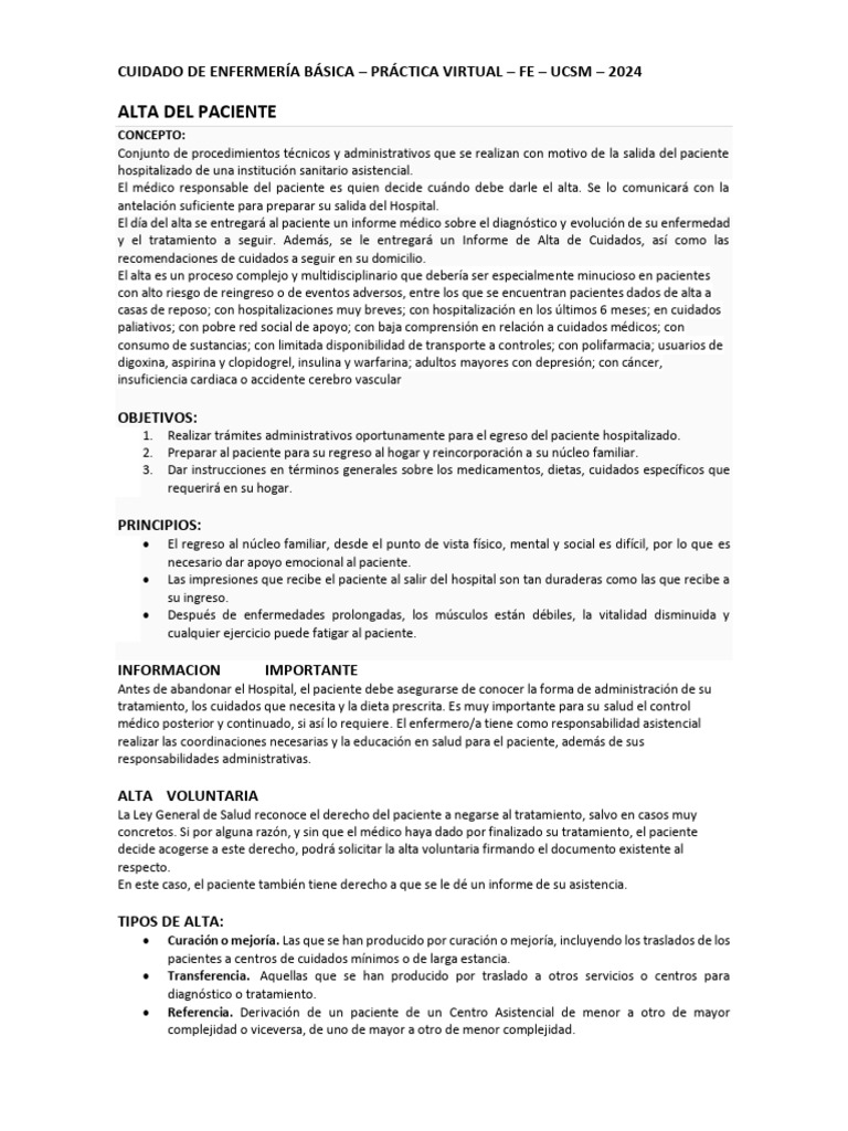 Alta del Paciente: Proceso y Cuidados | PDF | Hospital | Enfermería