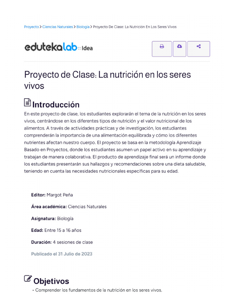 Proyecto de Clase - La Nutrición en Los Seres Vivos | PDF