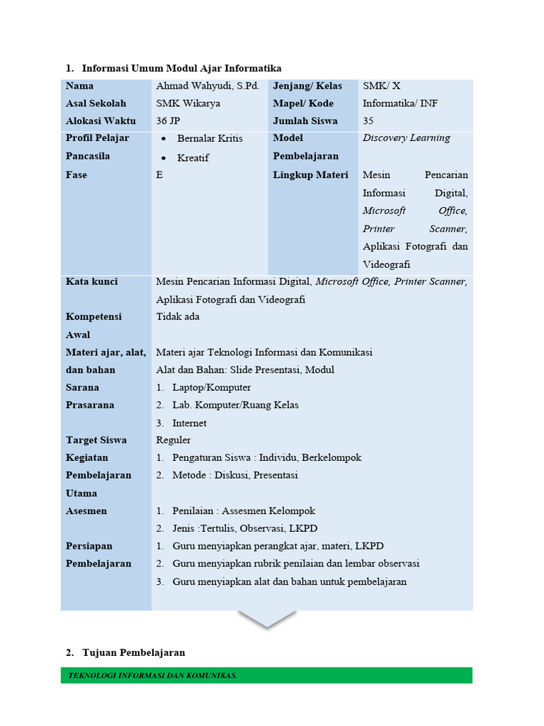 Modul Ajar Informatika - TIK-20242025 | PDF | Karier & Perkembangan