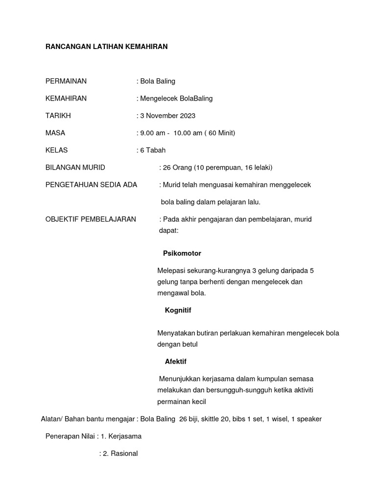 Rancangan Latihan Kemahiran Bola Baling Menggelecek | PDF