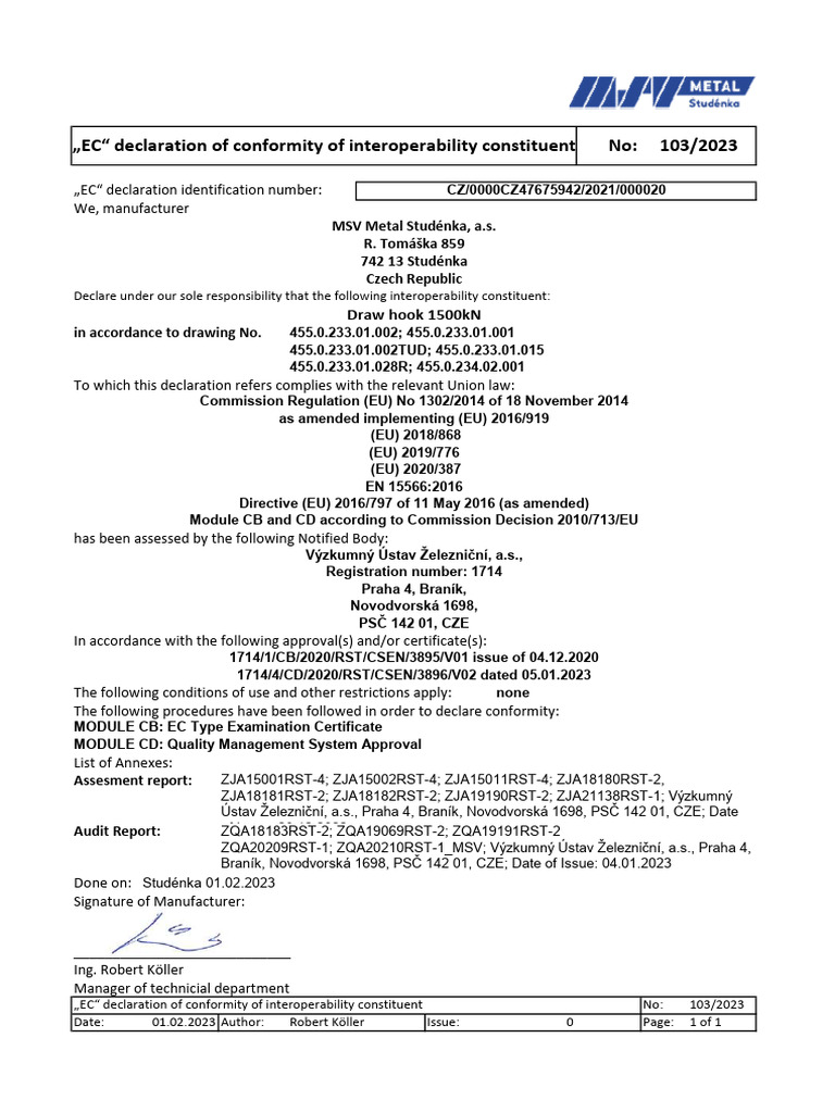 Declaration of Conformity No. 103 2023 Rev.0 Draw Hook 1500kN TSI LOC&PAS | PDF | European Union ...