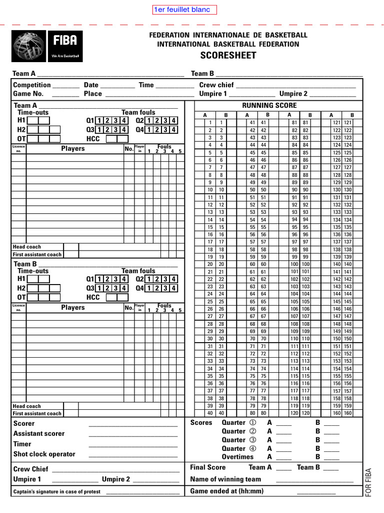 FIBA Basketball Scoresheet Template | PDF | Athletic Sports | Ball Games