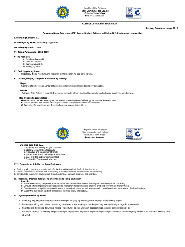 Course Syllabus Sa Panimulang Linggwistika (Cte) | PDF