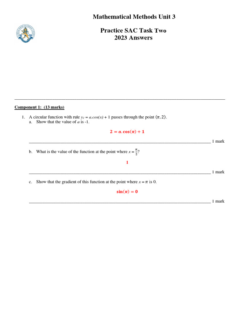 Practice SAC Task 2 (Answers) | PDF | Function (Mathematics) | Mathematics