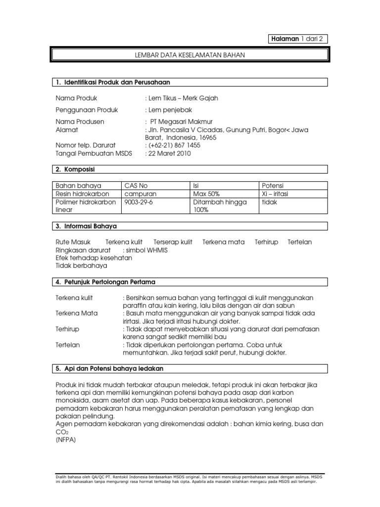 Msds Indonesia - Lem Tikus Cap Gajah Merged 2012 | PDF