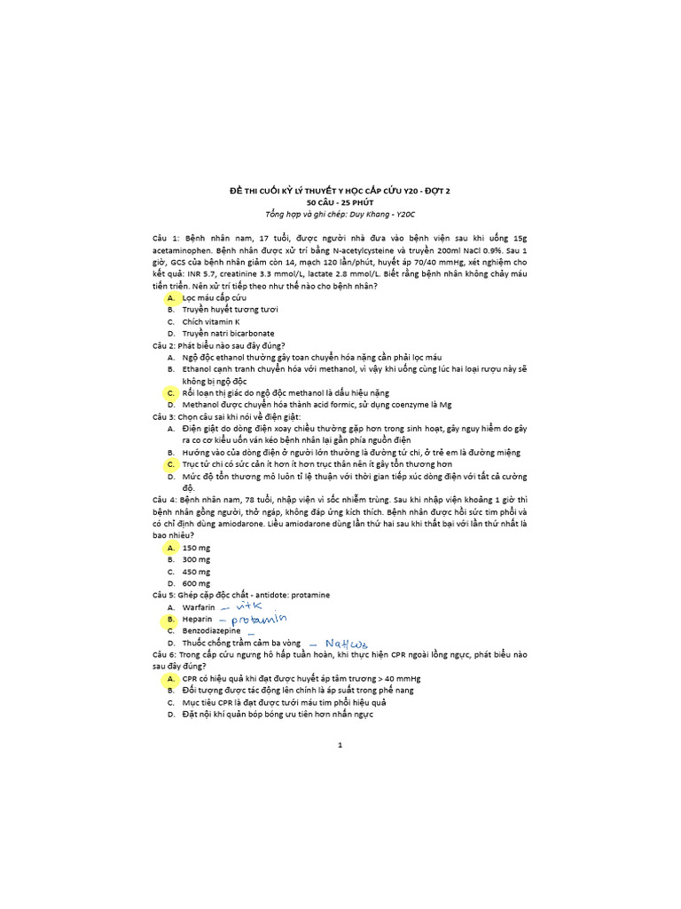 ,tamin: Đề Thi Cuối Kỳ Lý Thuyết Y Học Cấp Cứu Y20 - Đợt 2 50 Câu - 25 Phút | PDF