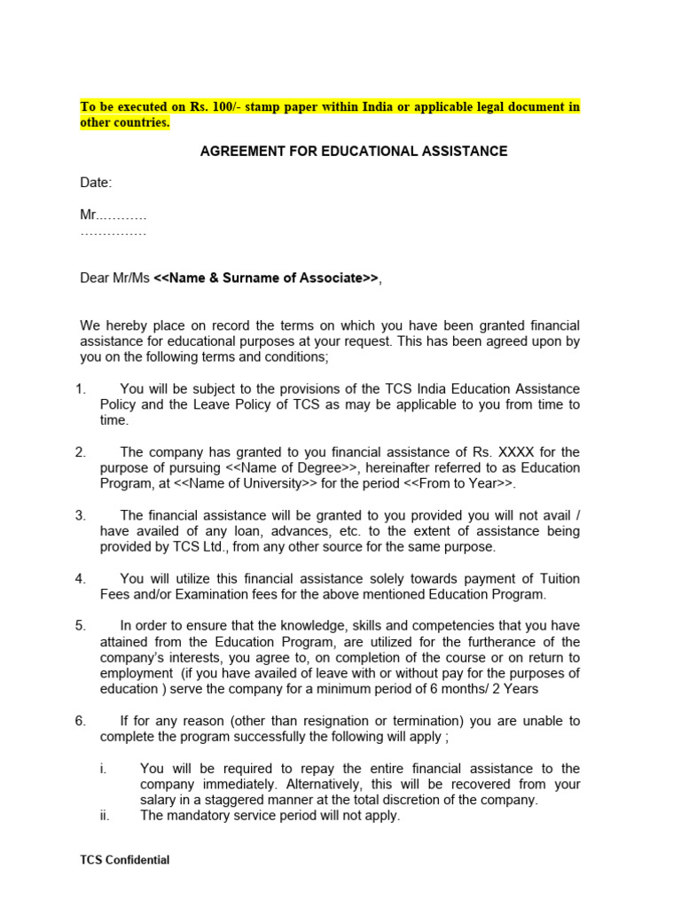 TCS Educational Assistance Agreement | PDF | Private Law | Business Law
