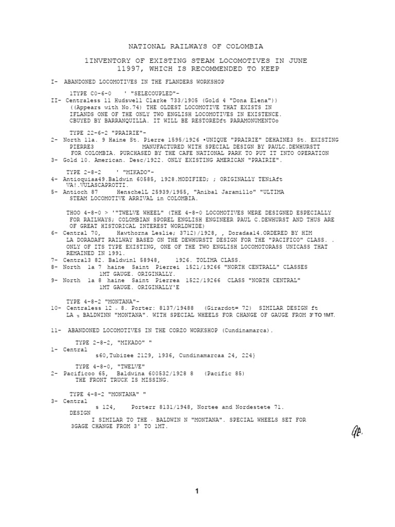Colombian Steam Locomotive Inventory 1997 | PDF | Steam Engine | Steam ...