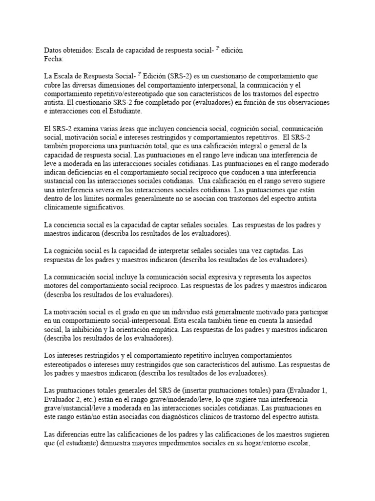 Plantilla SRS 2 | PDF | Espectro autista | Psicología Social