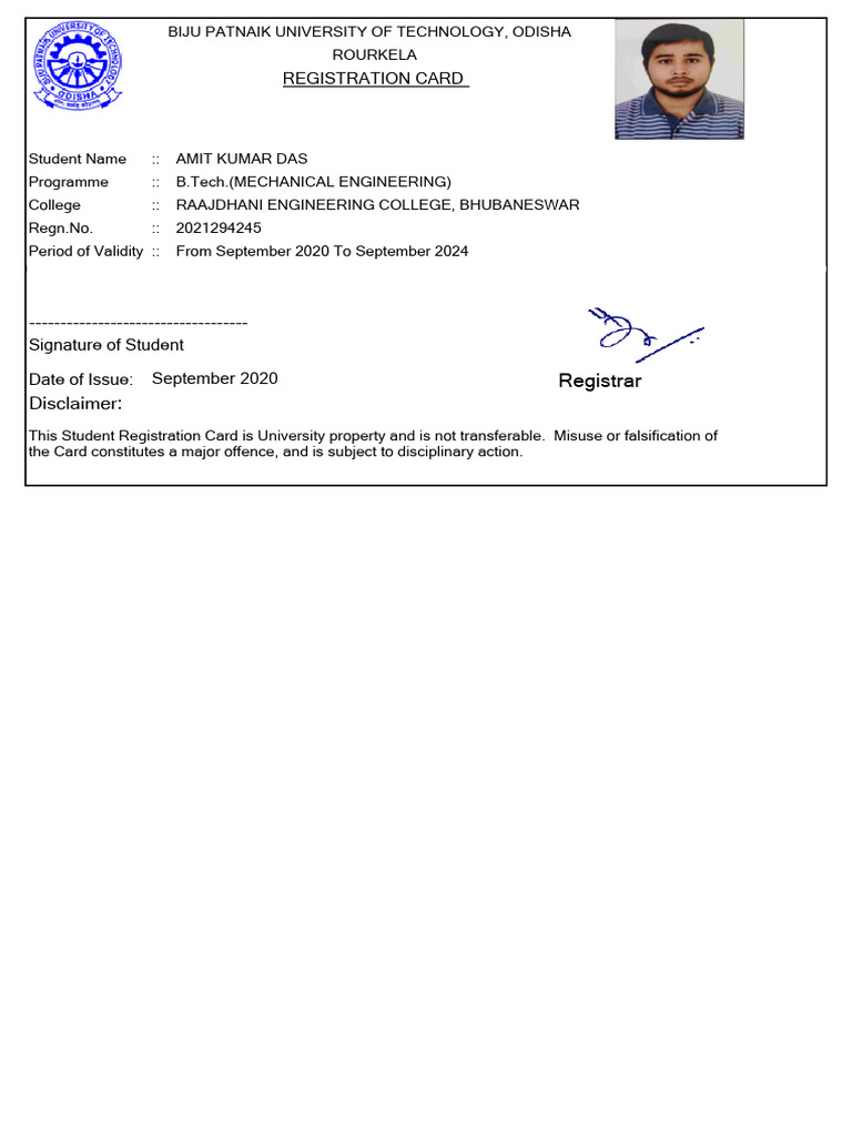 BPUT Student Registration Card 2020 | PDF