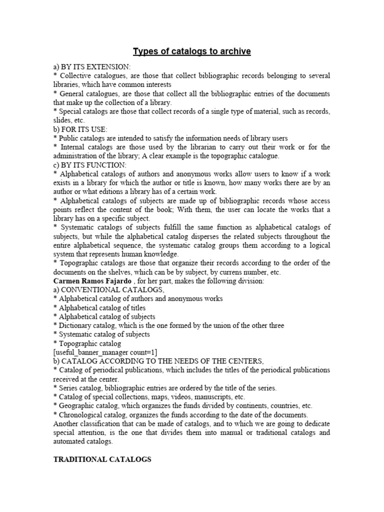 Types of Catalogs For Archiving | PDF | Expense | Microform