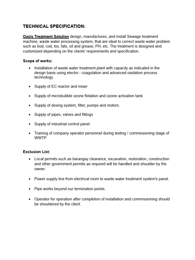 Technical Specification | PDF | Sewage Treatment | Waste