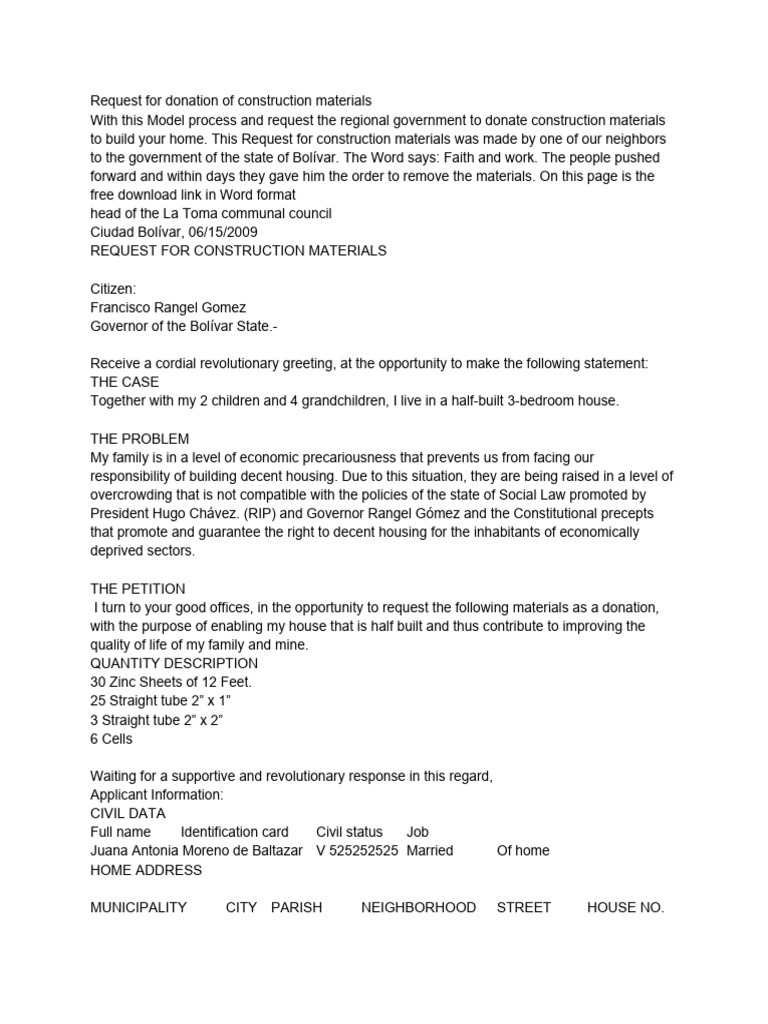 Construction Materials Donation Request | PDF