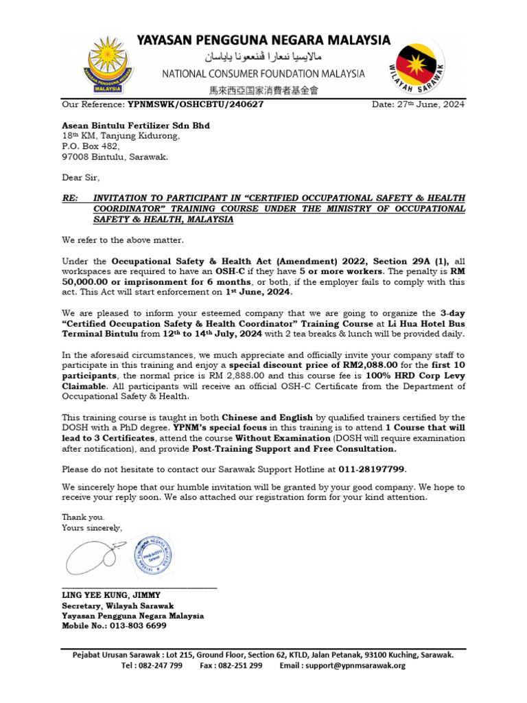 Ypnm Btu Oshc June Letter To Asean Bintulu Fertilizer SDN BHD | PDF ...