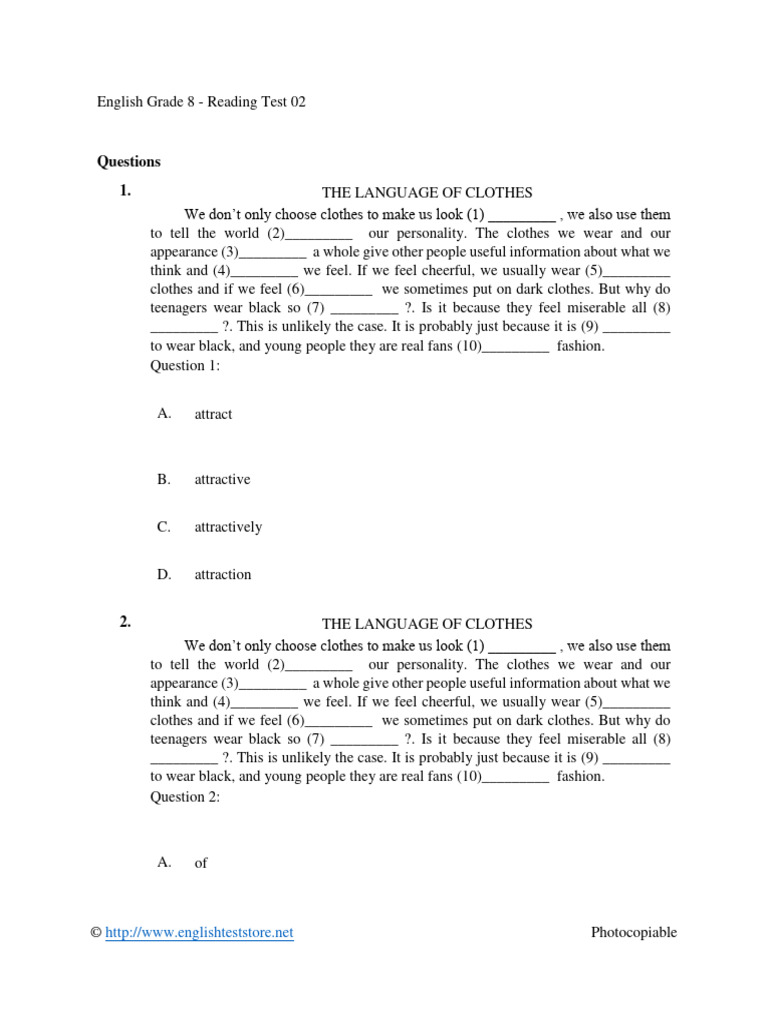 English Grade 8 - Reading Test 02 | PDF | Fashion | Clothing