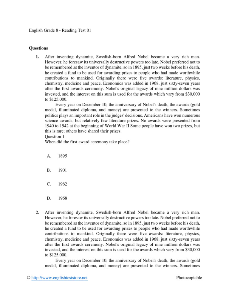 English Grade 8 - Reading Test 01 | PDF | Nobel Prize | Nobel Family
