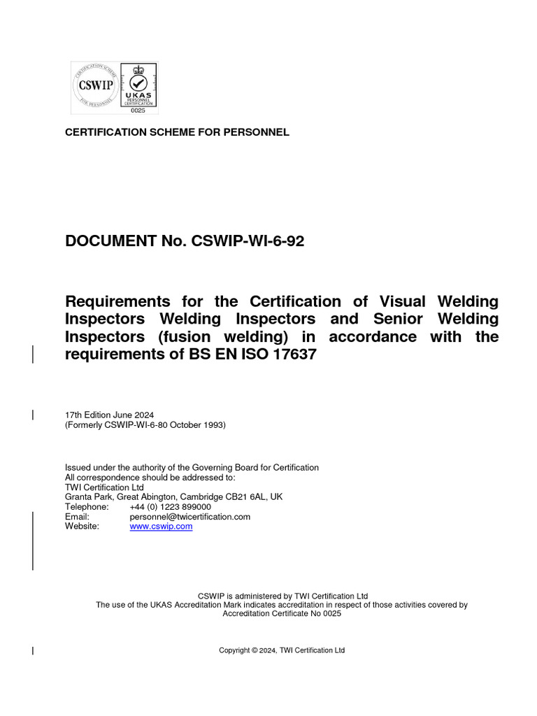 CSWIP WI 6 92 Welding Inspectors 17th Edition June 2024 | PDF ...