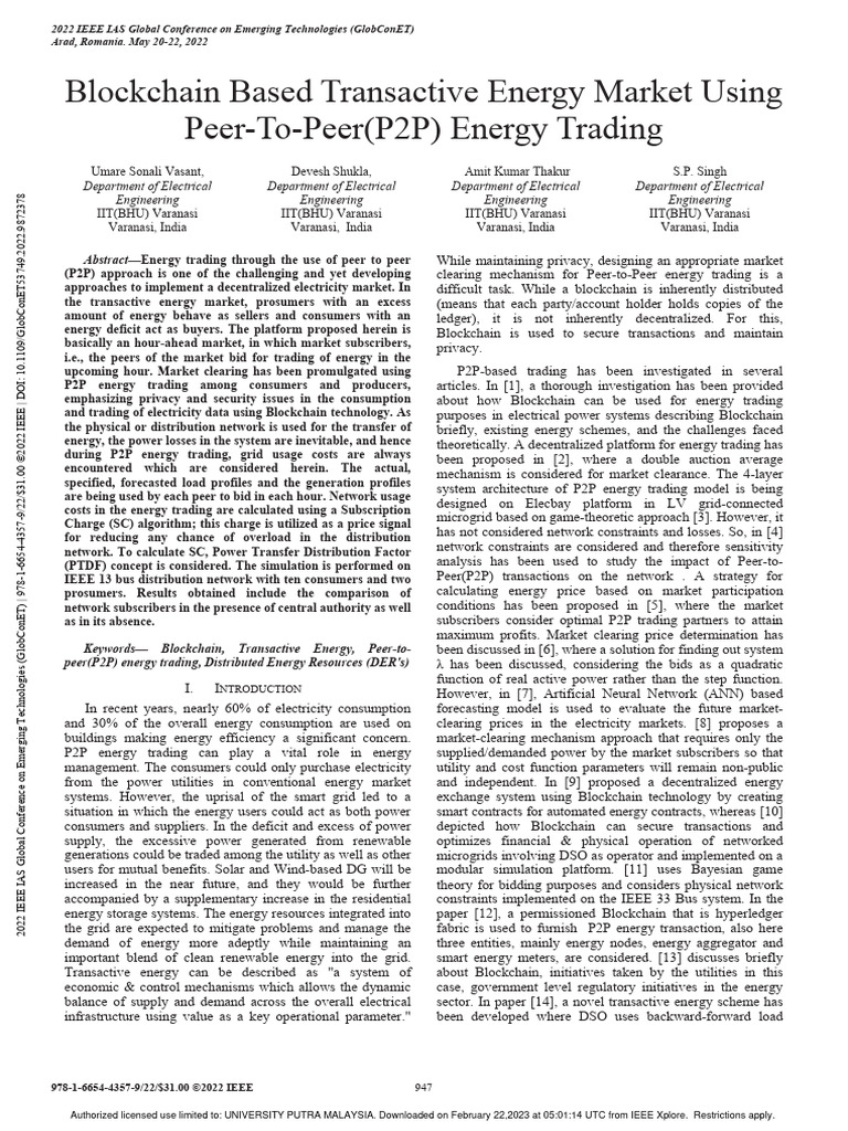 Blockchain Based Transactive Energy Market Using Peer-To-PeerP2P Energy ...