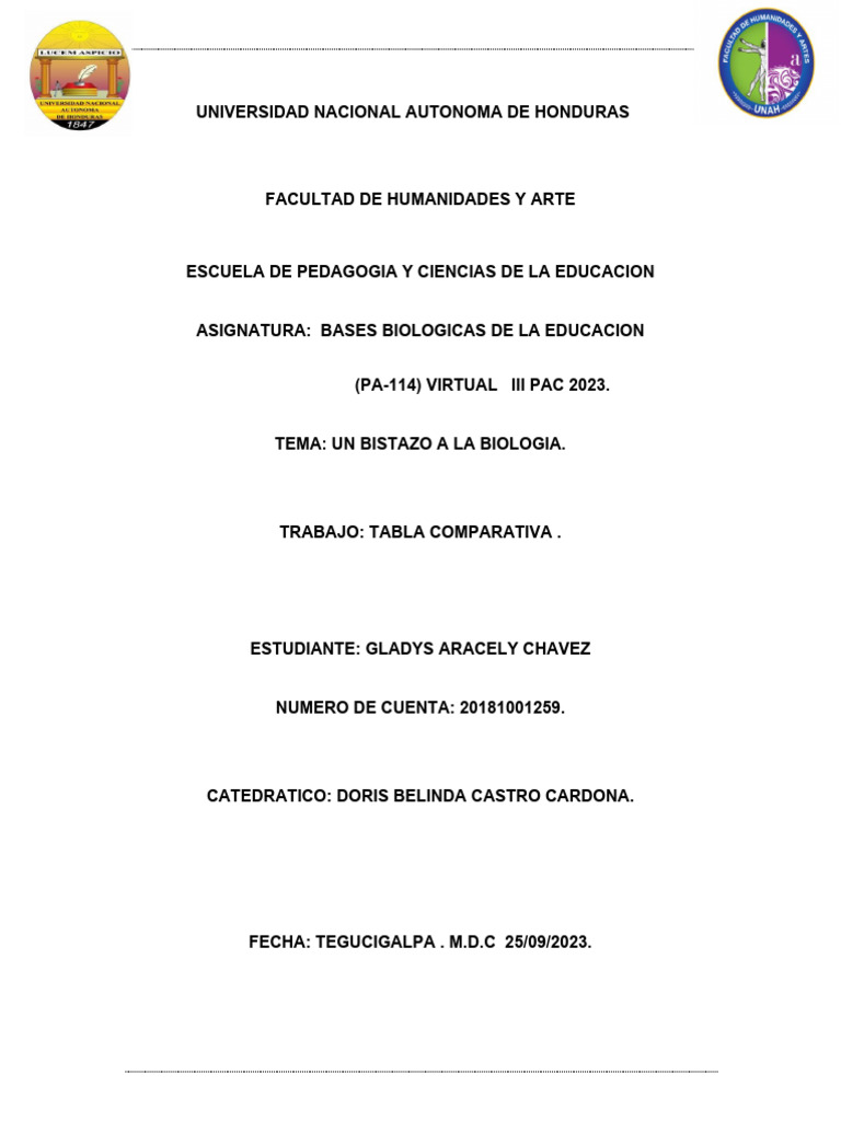 Tabla Comparativa de Bases Biologicas Trabajo Munero 1 | PDF | Biología