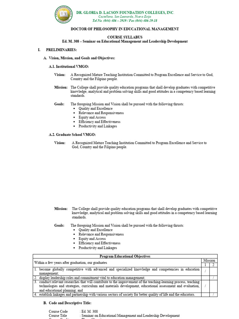 Syllabus Ed. M. 308 Seminar On Educational Management and Leadership ...