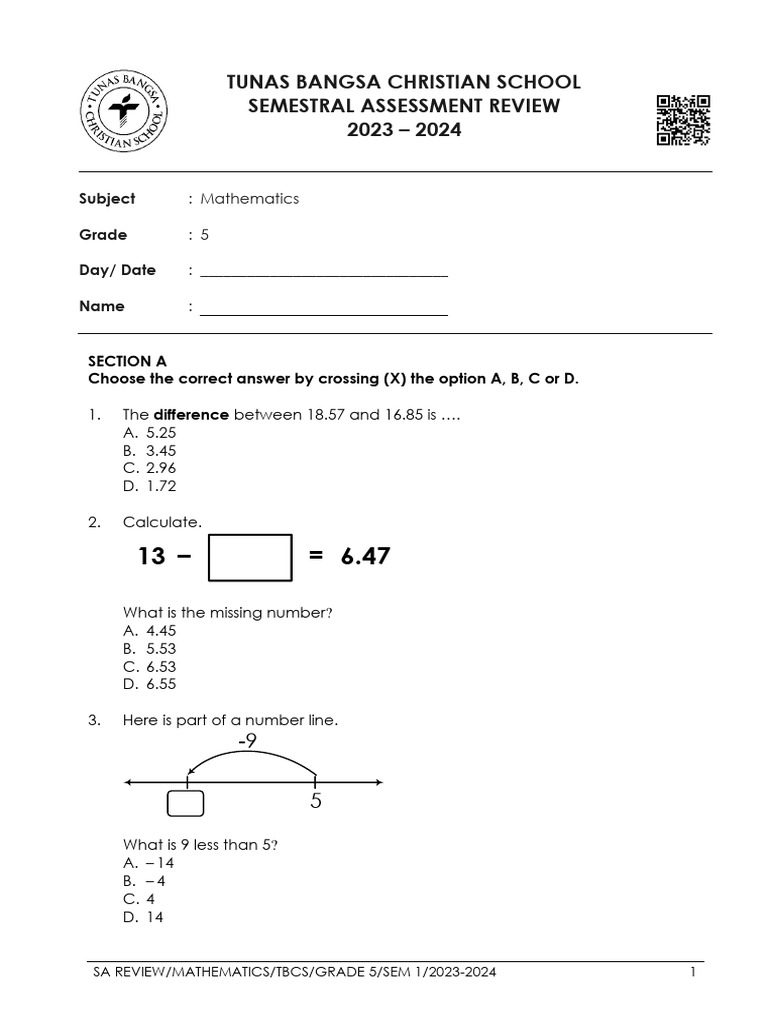 Review Soal SA Mathematics, Grade5, Sem1, 23-24 | PDF | Numbers ...