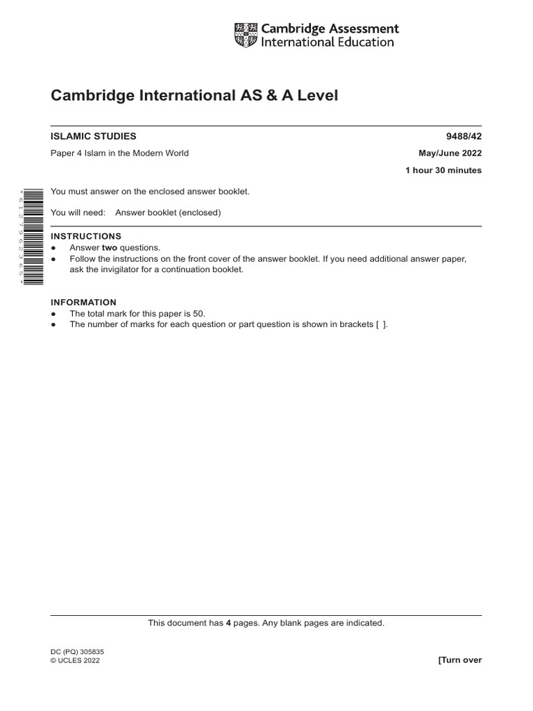 Cambridge International AS & A Level: Islamic Studies 9488/42 | PDF