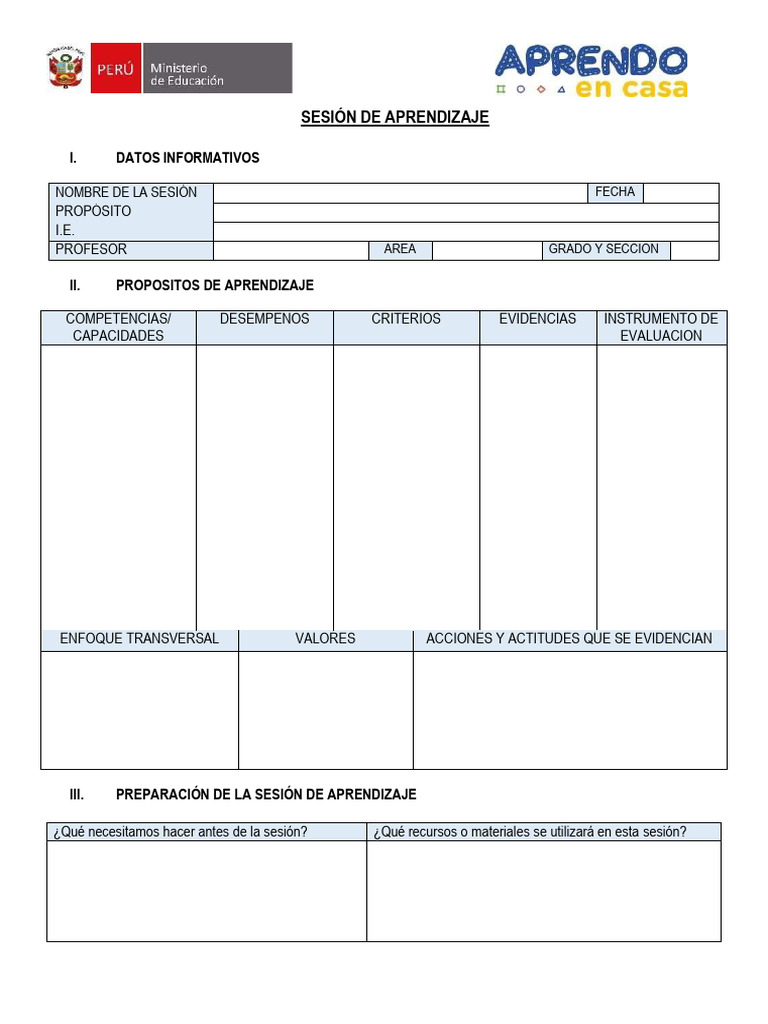 SESIÓN DE APRENDIZAJE - Plantilla | PDF | Aprendizaje | Maestros
