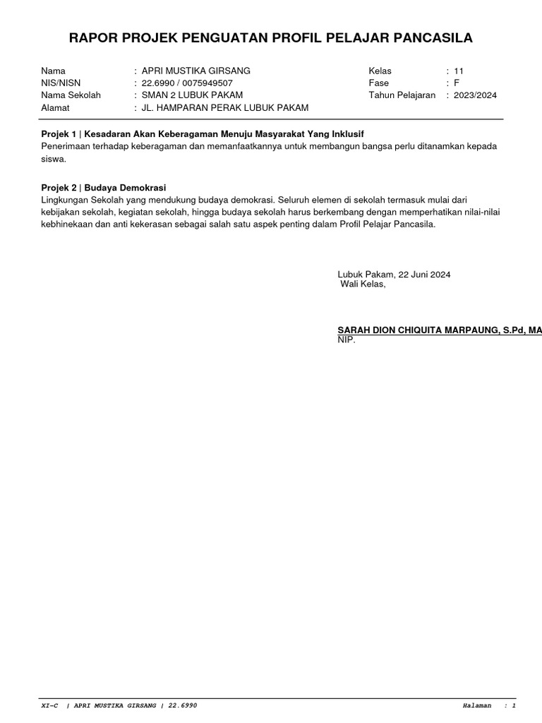 Rapor p5bk Kls Xic | PDF