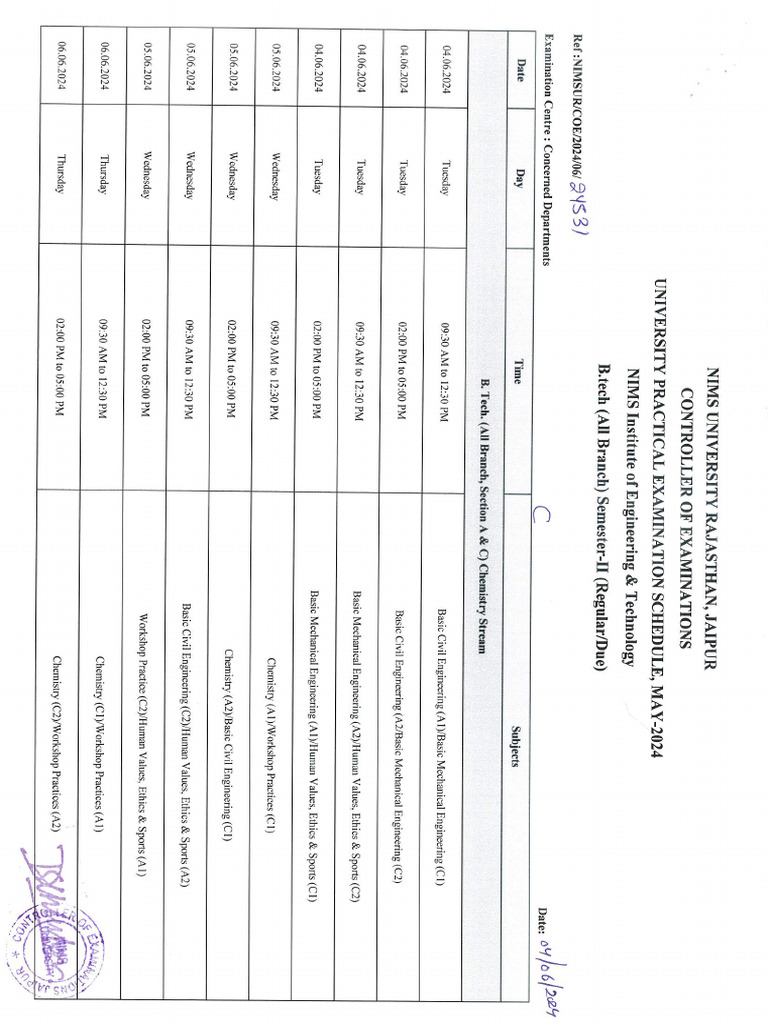 Updated Practical Time Table May 2024 Examination (Btech II Sem All Branch, MSC IV Sem) | PDF