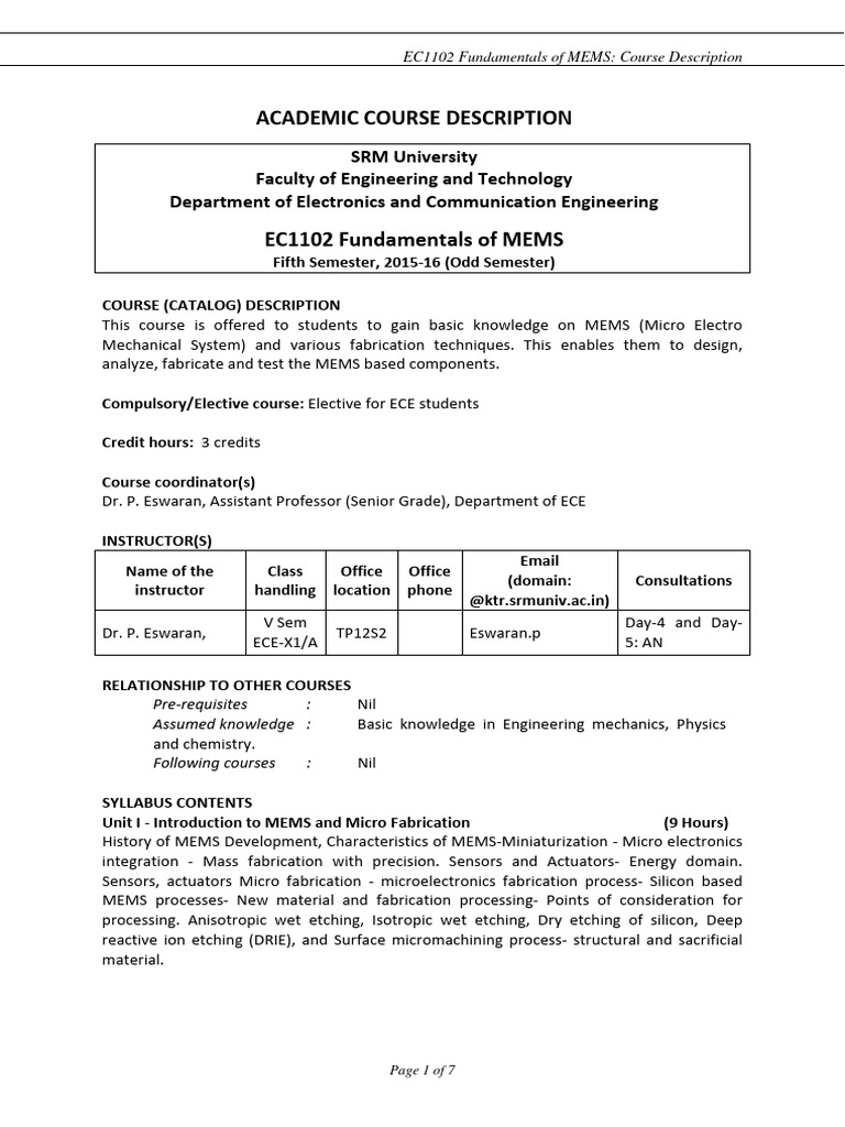 Ec1102 Fundamentals of Mems | PDF | Materials | Applied And Interdisciplinary Physics