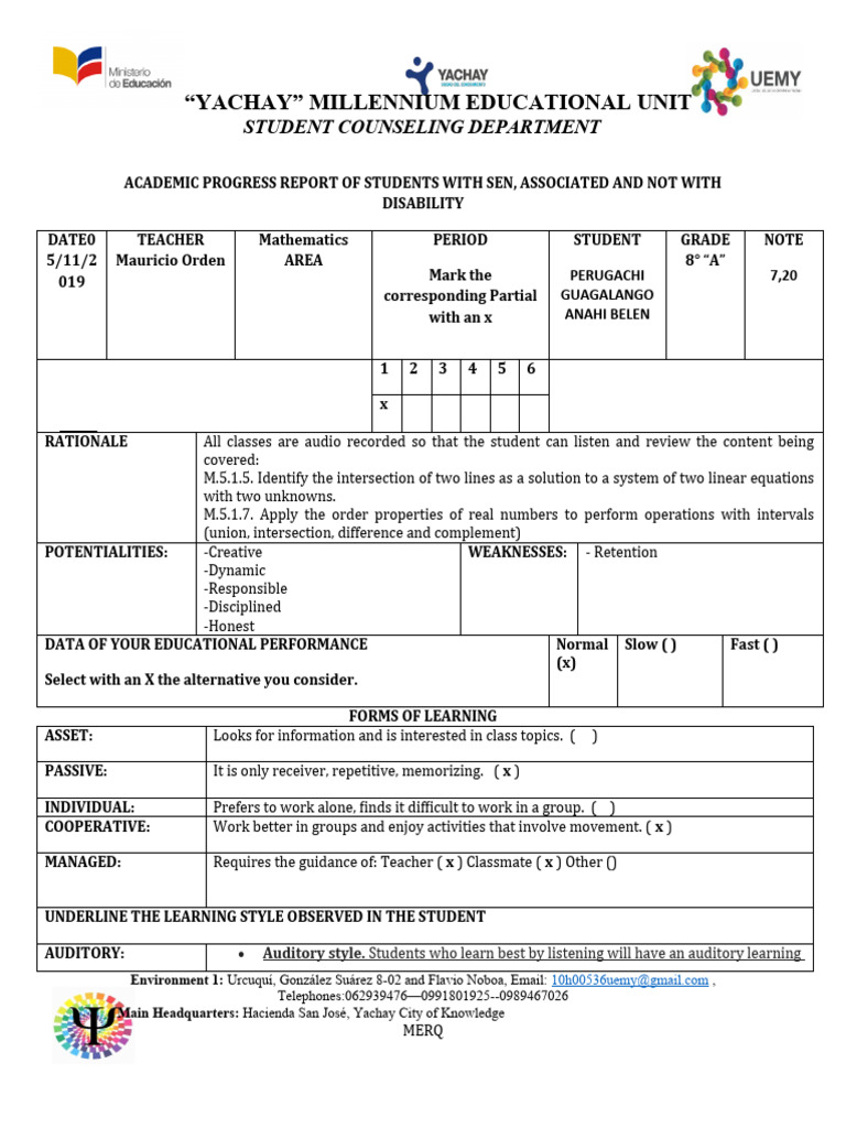 Academic Progress Report For Students With Nee | PDF | Learning Styles ...