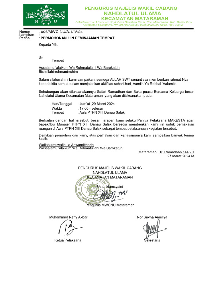 Surat Permohonan Ijin Pemakaian Tempat | PDF