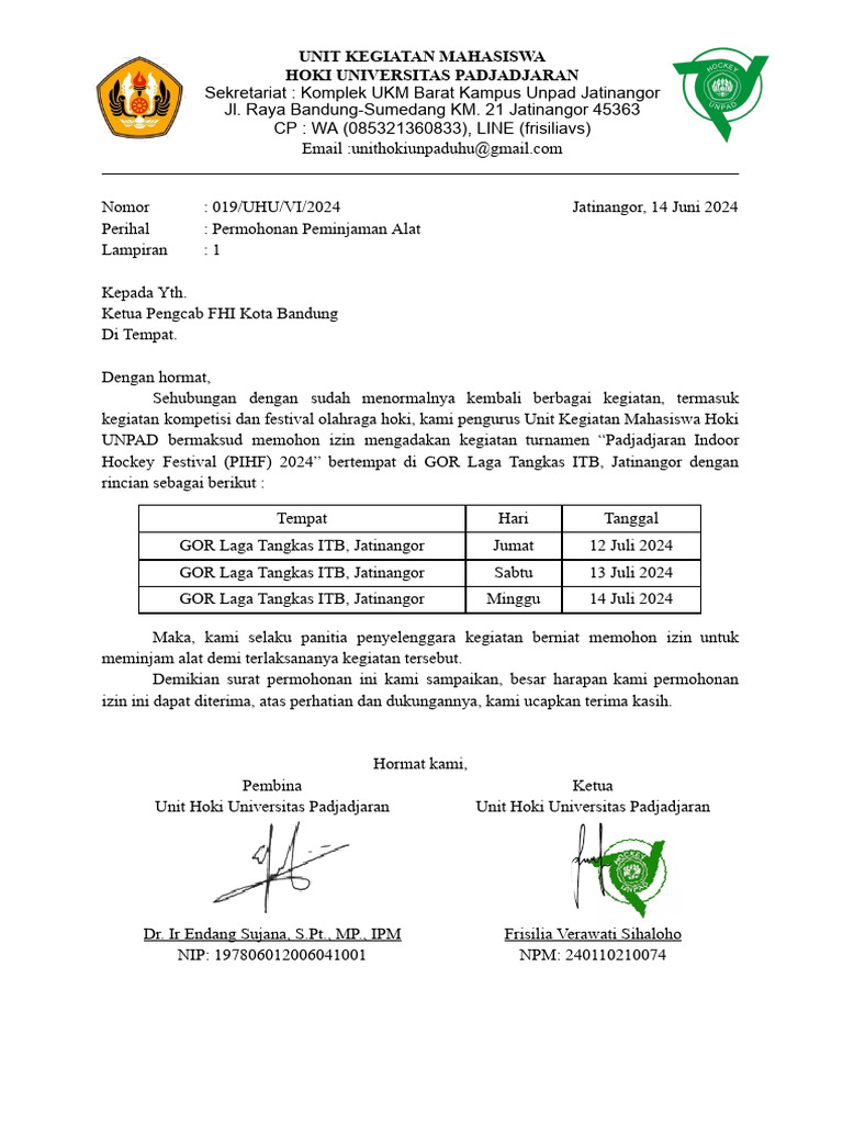 019 - Permohonan Peminjaman Alat PIHF Ke FHI Kota Bandung | PDF
