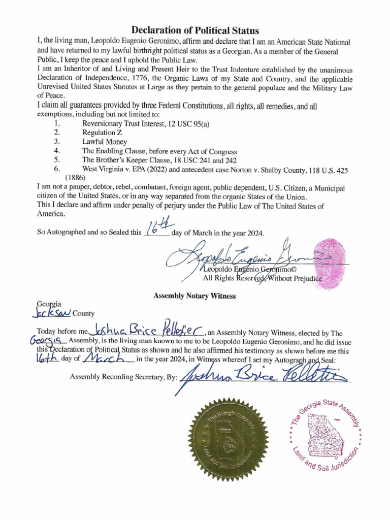 Declaration of Politial Status Leopoldo-Eugenio: Geronimo | PDF