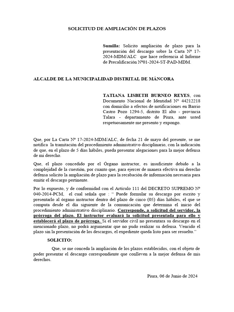 Solicitud de Ampliación de Plazos para El Procedimiento Administrativo | PDF | Documento de ...