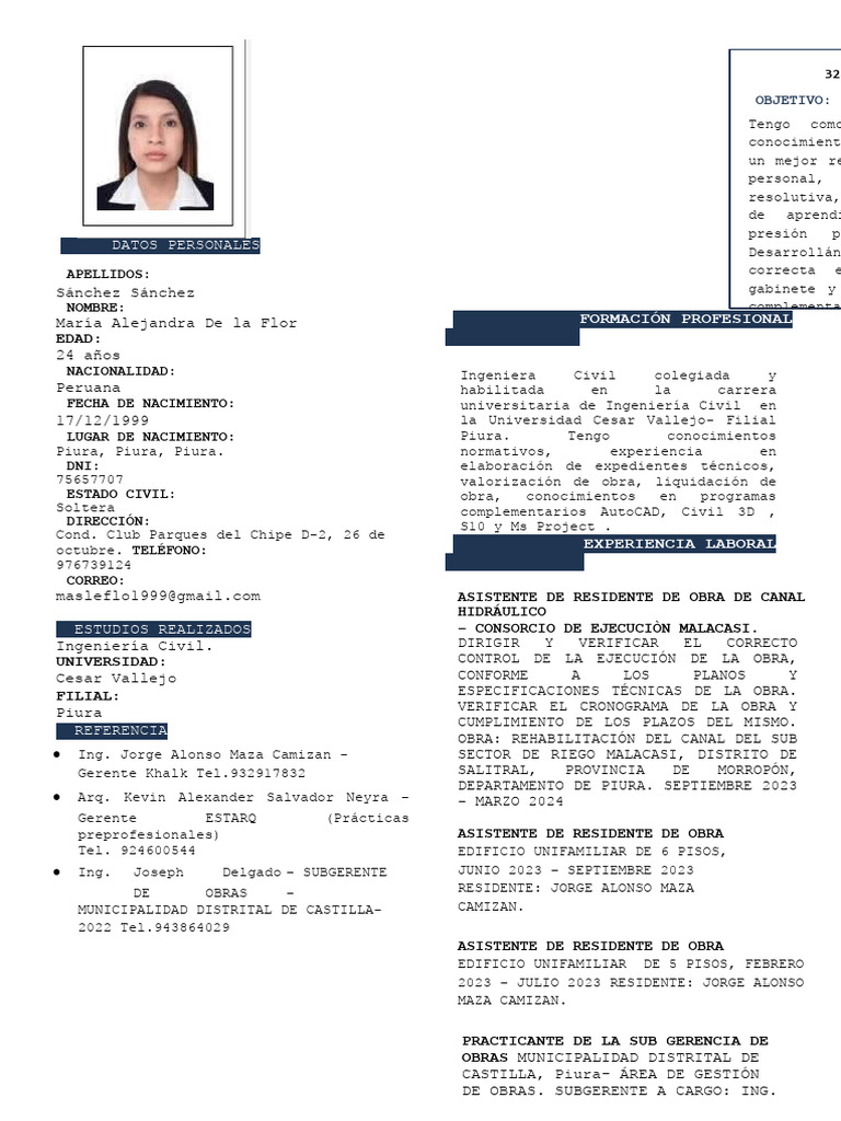 Curriculum Vitae - MARIA ALEJANDRA SANCHEZ SANCHEZ - 2024 | Descargar gratis PDF | Ingeniería